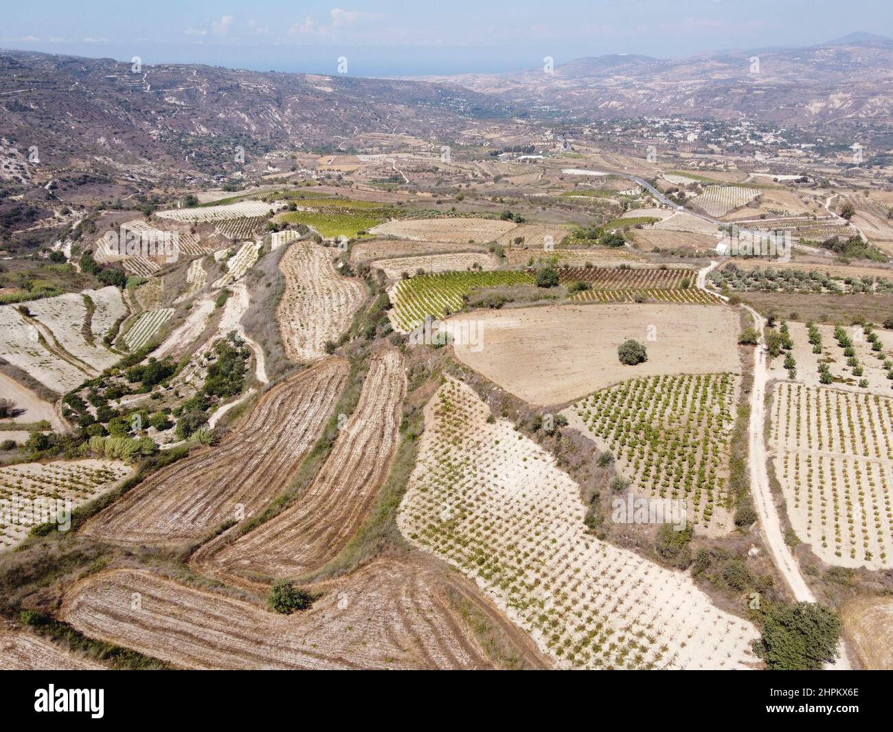 Aerial view on Troodos mountains, fertile valley with vineyards and ...