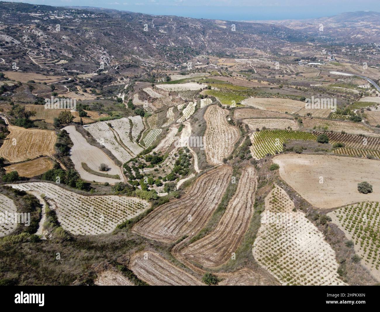 Aerial view on Troodos mountains, fertile valley with vineyards and ...