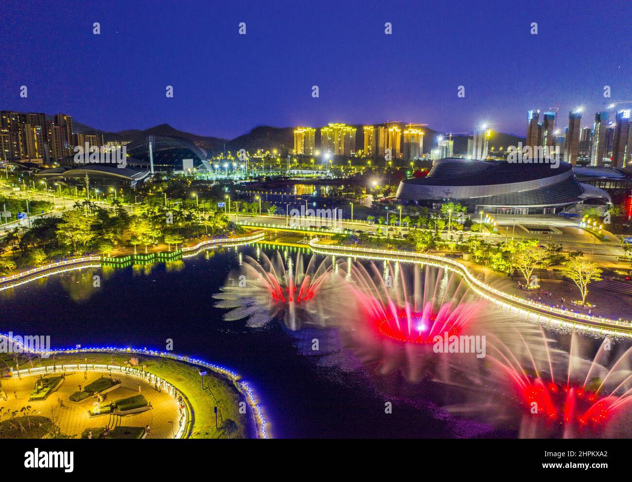 Jiangmen city skyline binjiang district sports center of night Stock ...