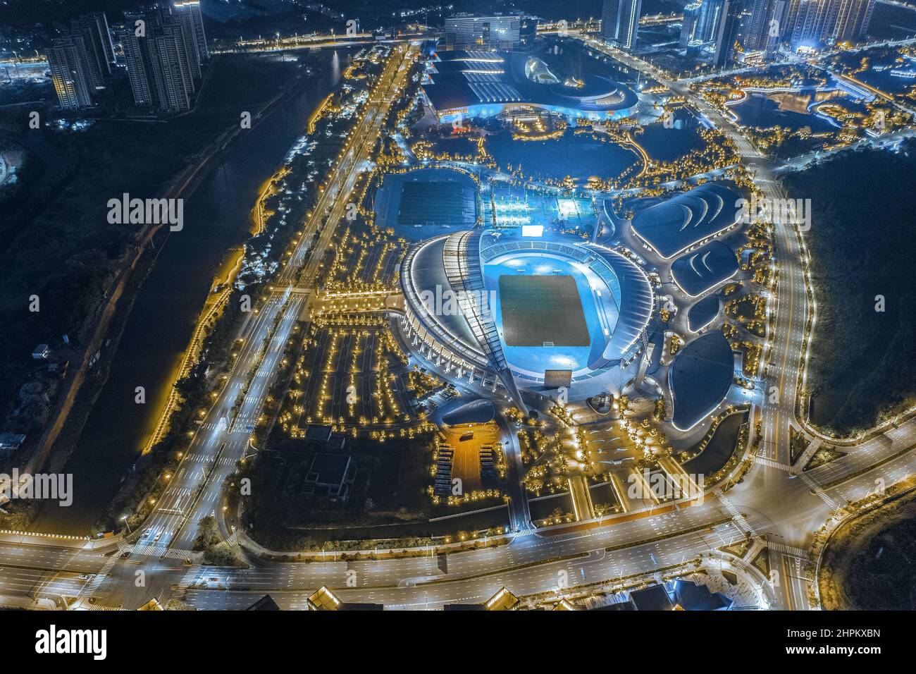 Jiangmen city skyline binjiang district sports center night Stock Photo ...