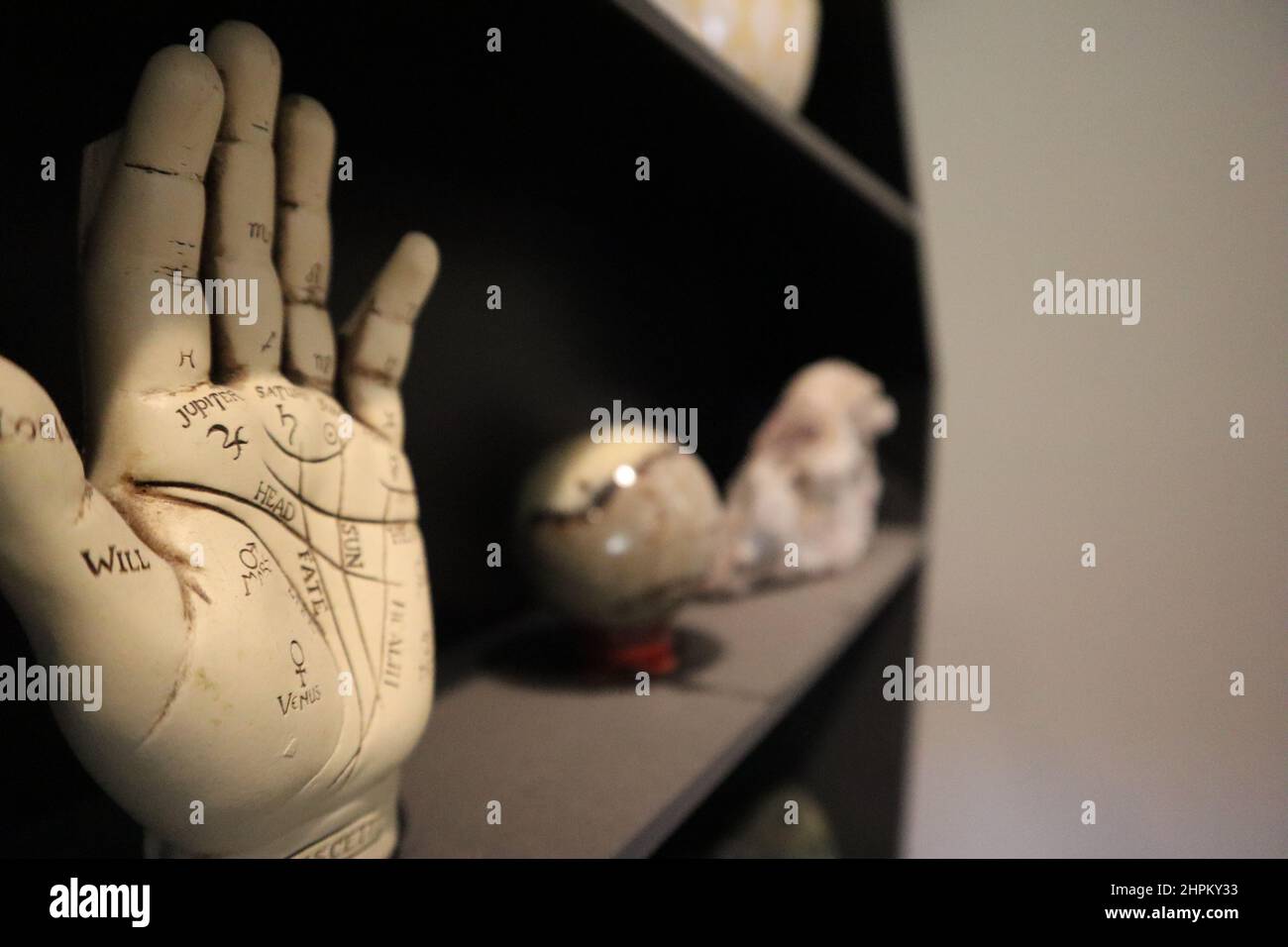 Closeup shot of a palmistry hand with lines on a wooden shelf Stock ...