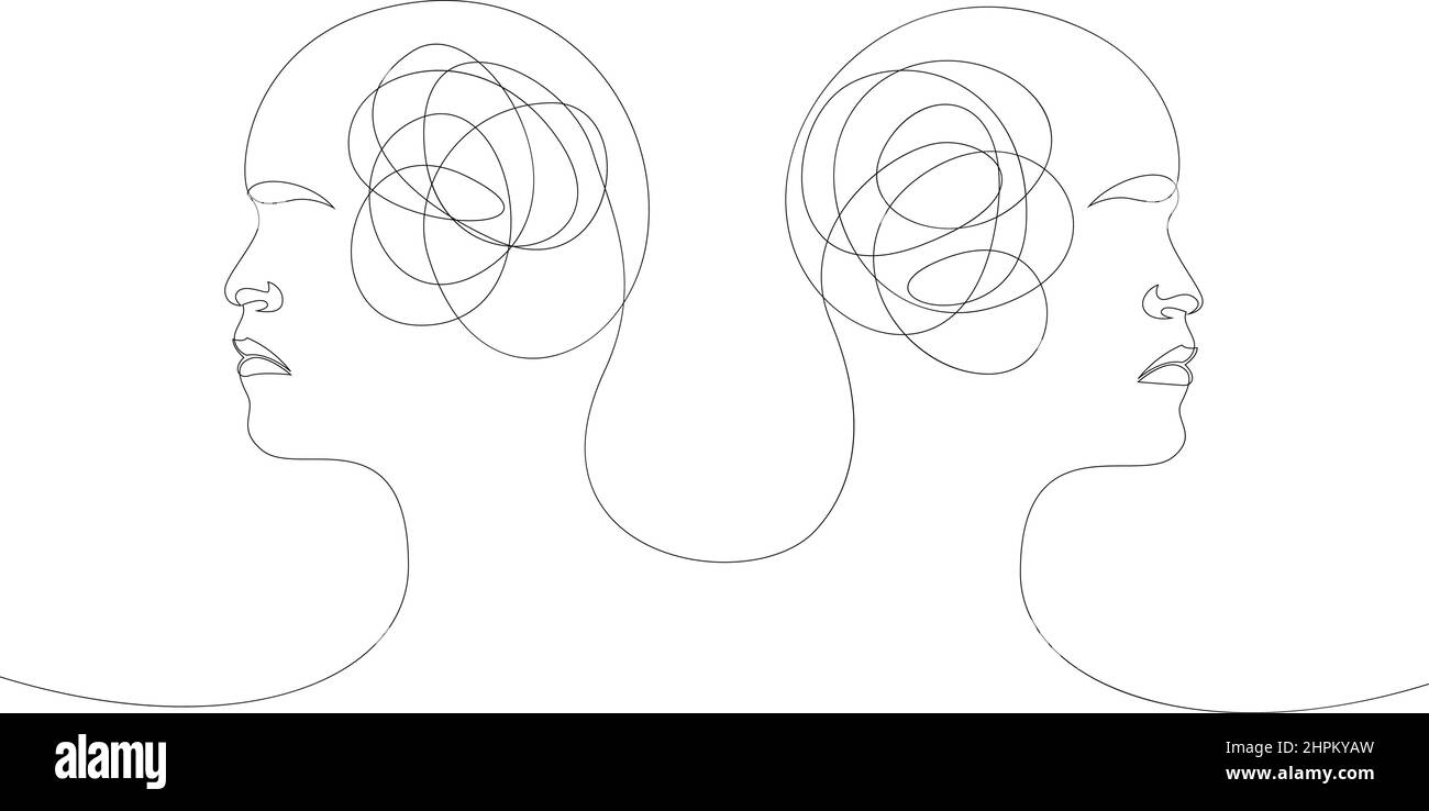Confused thoughts and clear thoughts concept. Two people with a ...