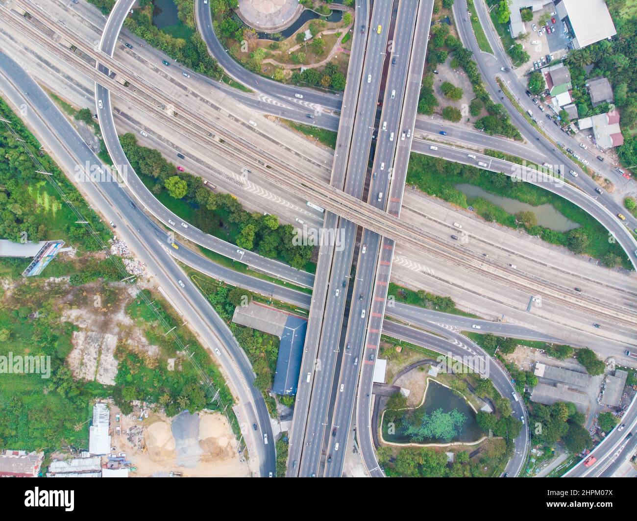 Transport junction city road with roundabount aerial view Stock Photo ...