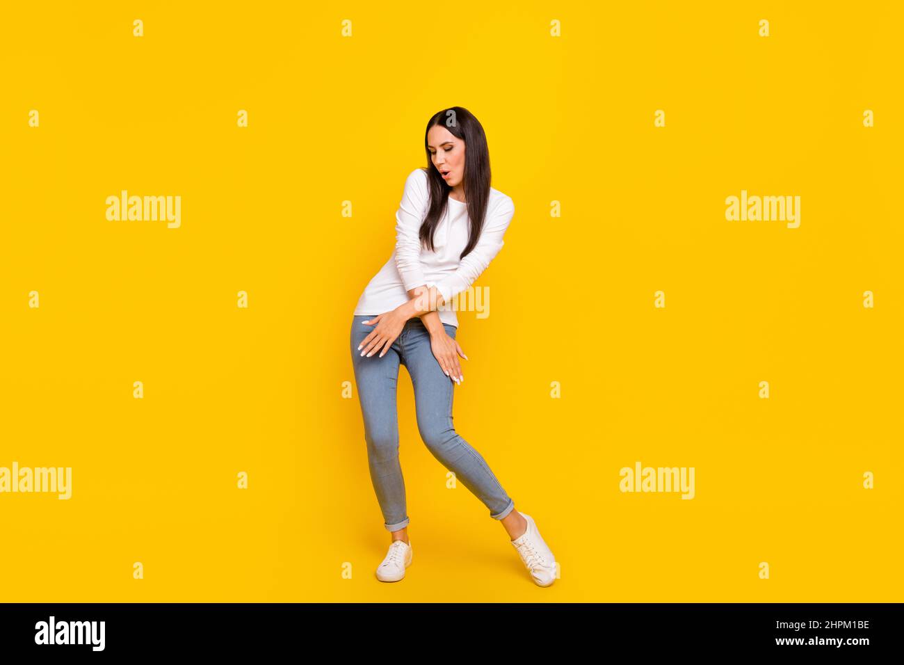 Full length photo of young girl good mood dancing dab poser chill ...