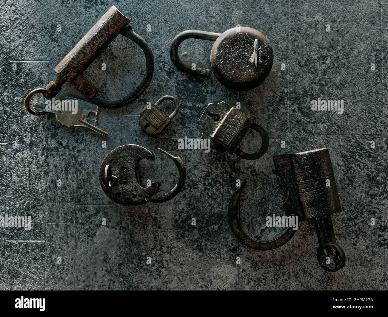 02 21 2022 Vintage Old locks and keys on Dark.Background studio shot ...
