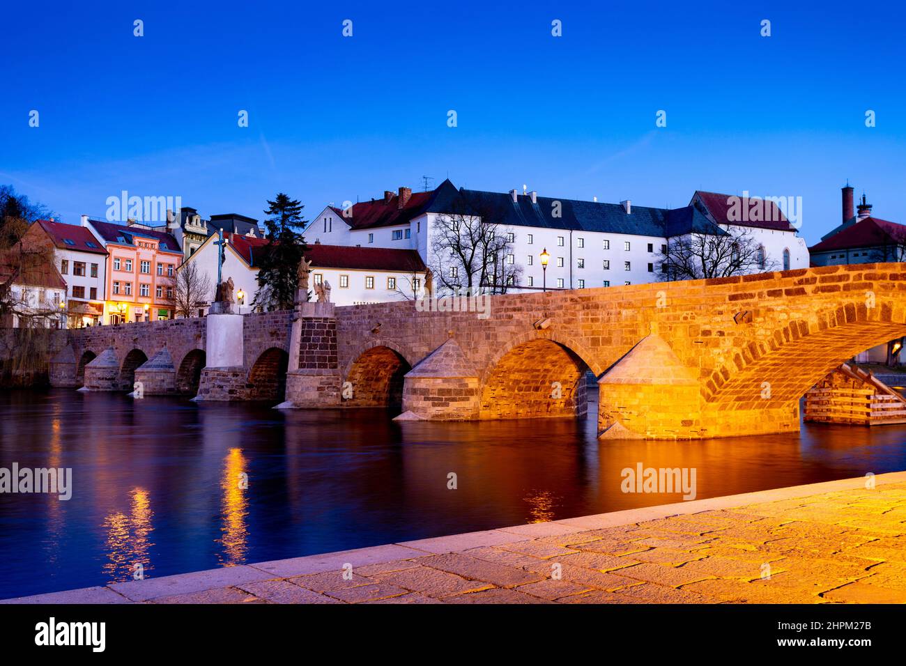 Oldest czech stony bridge in city of Pisek on the Otava river. Czechia ...