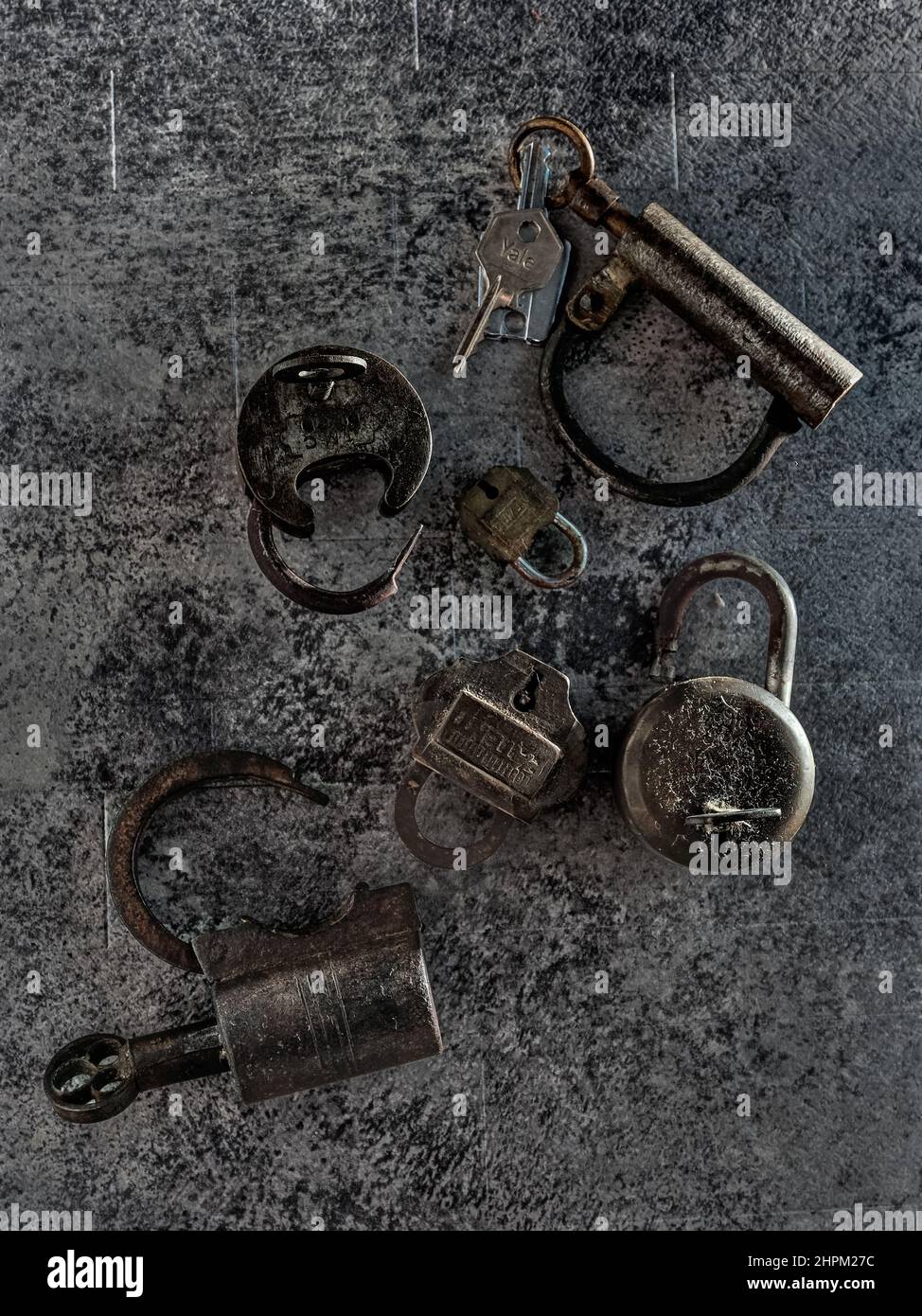 02 21 2022 Vintage Old locks and keys on Dark.Background studio shot ...
