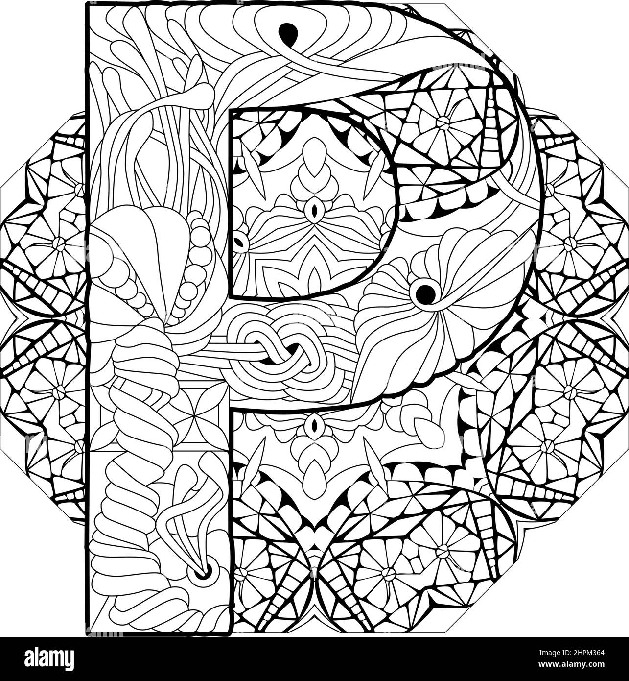 Zentangle stylized alphabet - letter P on mandala for coloring. Vector ...