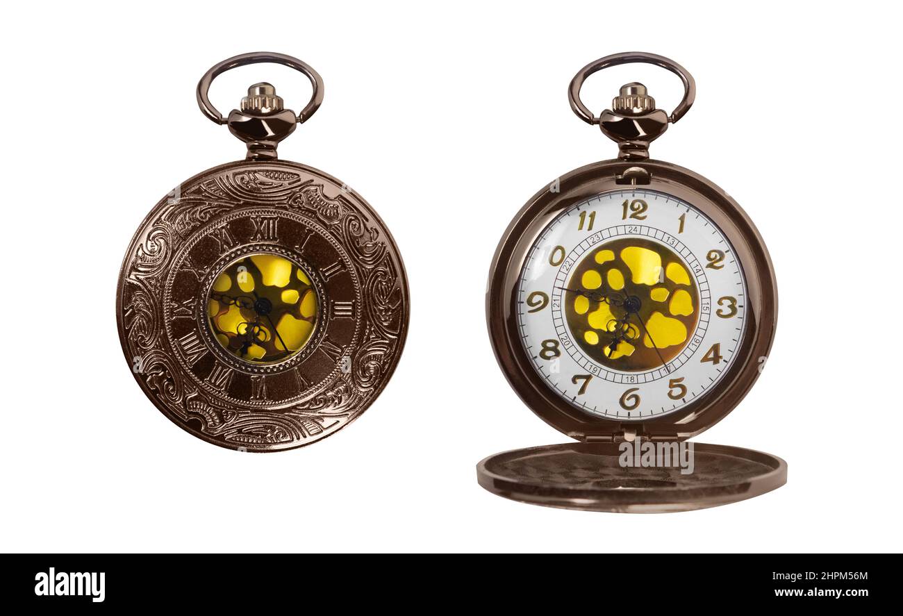 Isolated photo of antique old fashioned pocket watch opened and closed ...