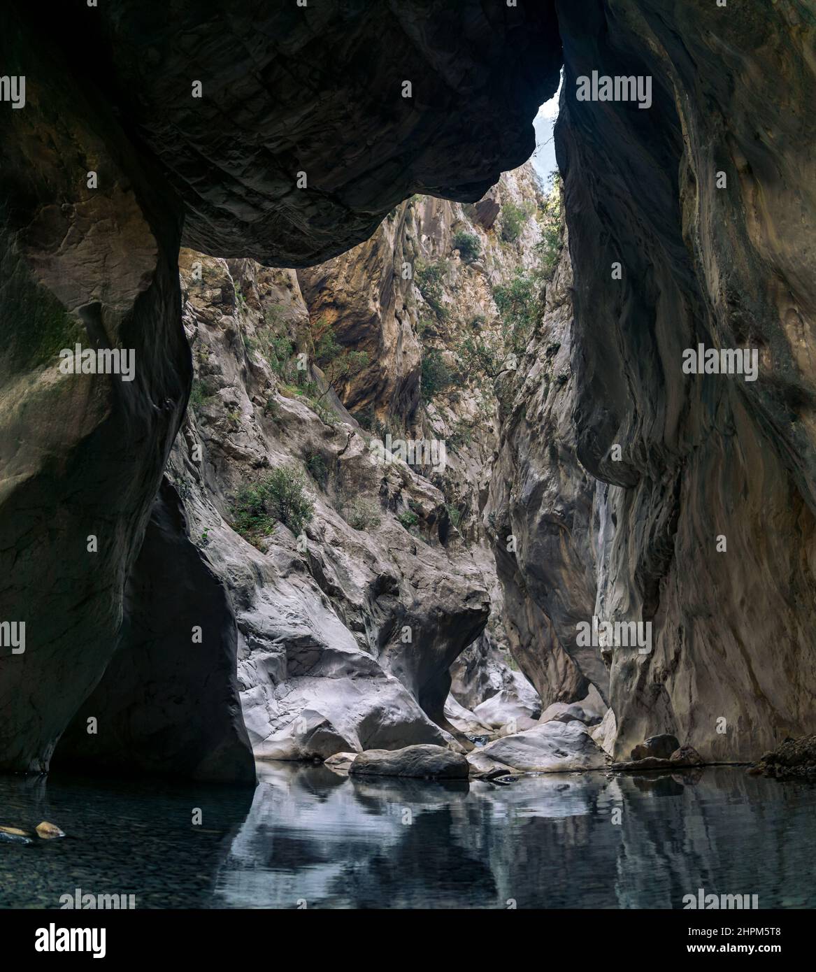huge stone hangs stuck between two walls of the Goynuk canyon in Turkey ...