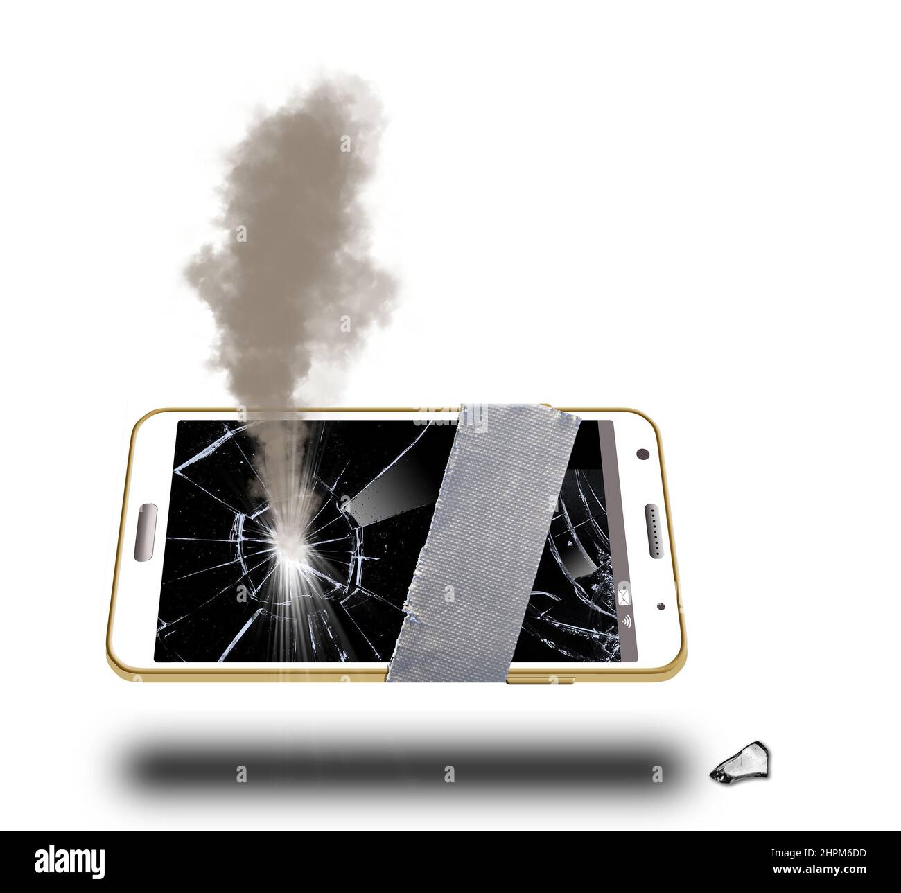 A damaged cell phone has broken glass and smoke from electrical damage ...