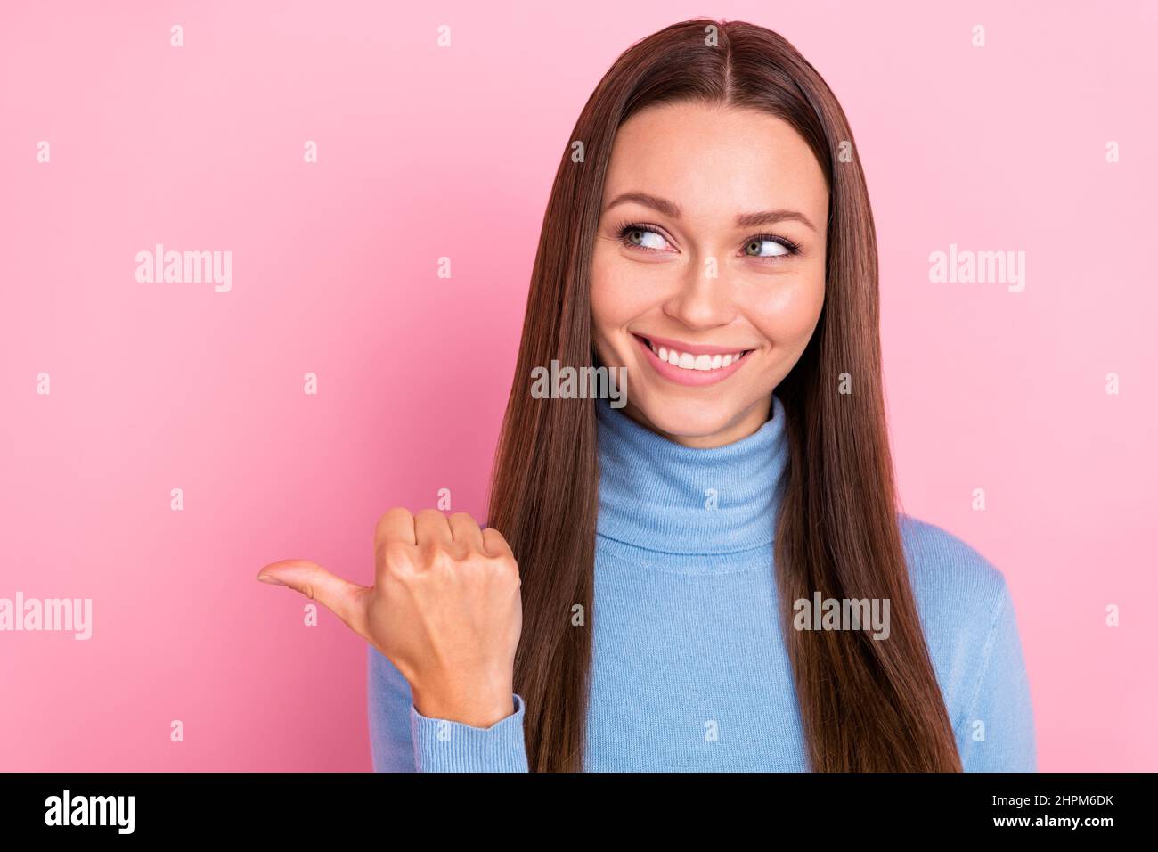 Photo of positive lady point forefinger empty space demonstrate bargain ...