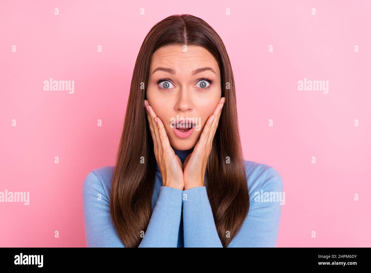 Portrait of stupor lady touch hands face yell incredible shopping ...