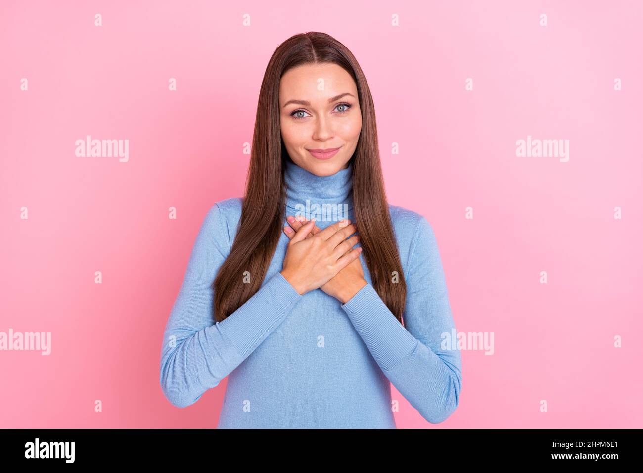 Photo of friendly lovely lady pledging put hands chest support isolated ...