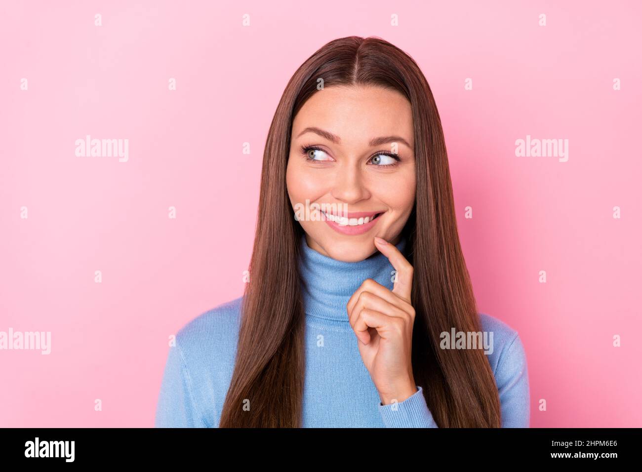 Photo of interested smart lady touch chin finger decide plan think look ...