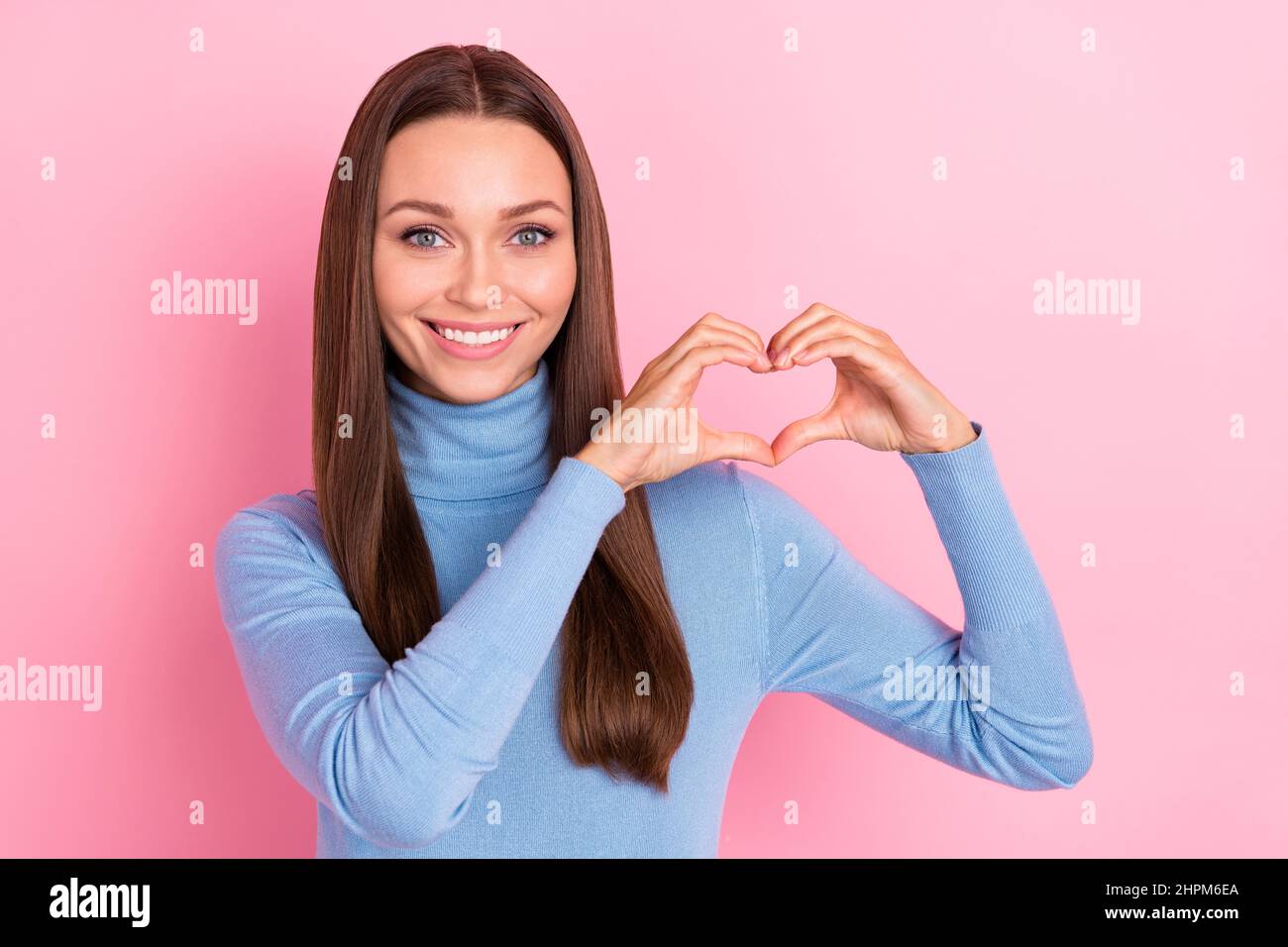 Photo of positive kind lady make heart hand love boyfriend isolated ...