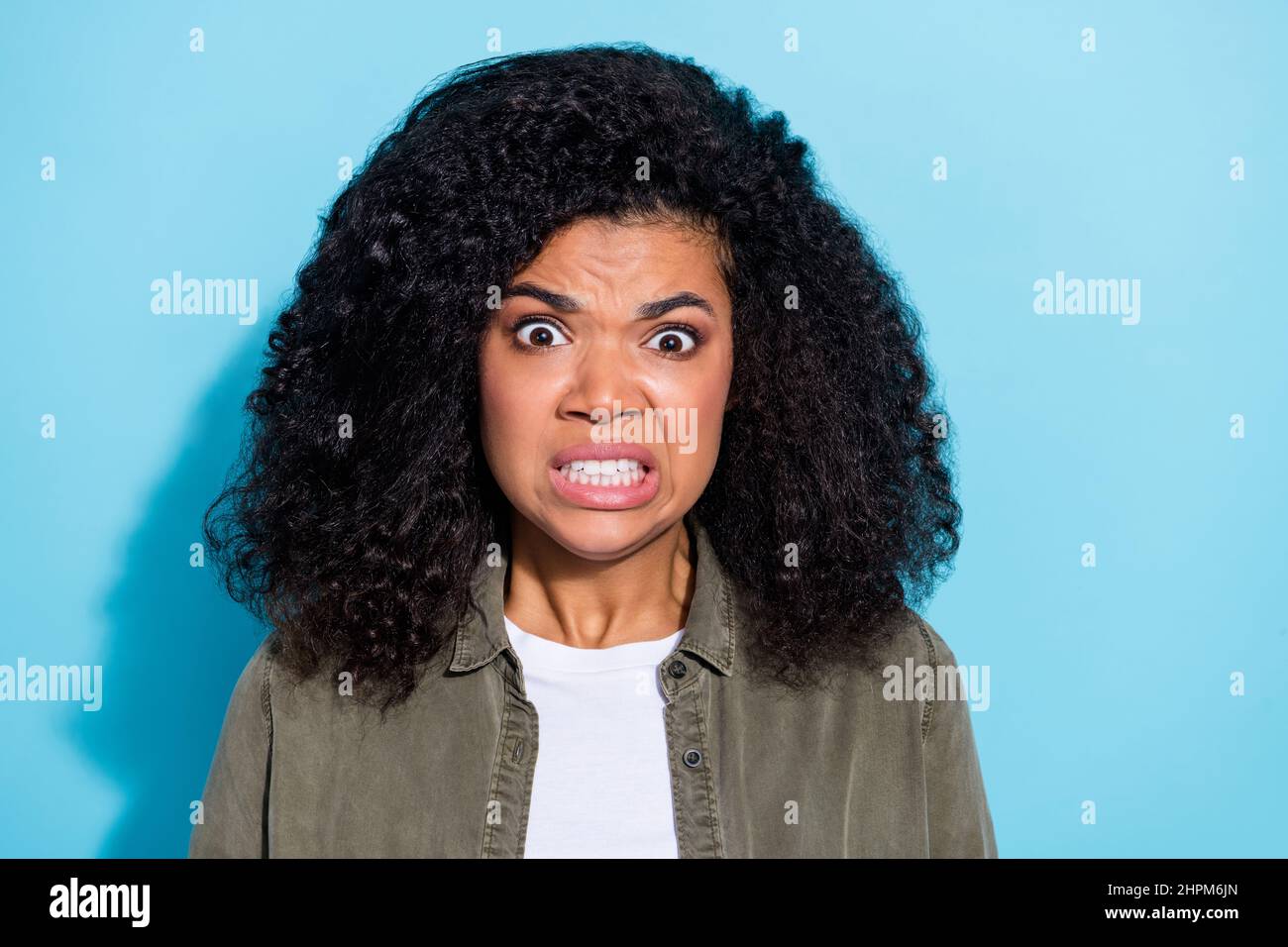 Photo of young african lady scared panic dislike horrified anxious ...
