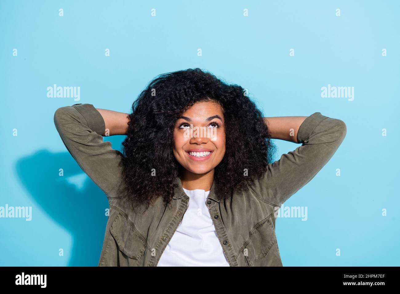 Top above high angle view photo of young lady hands behind head ...