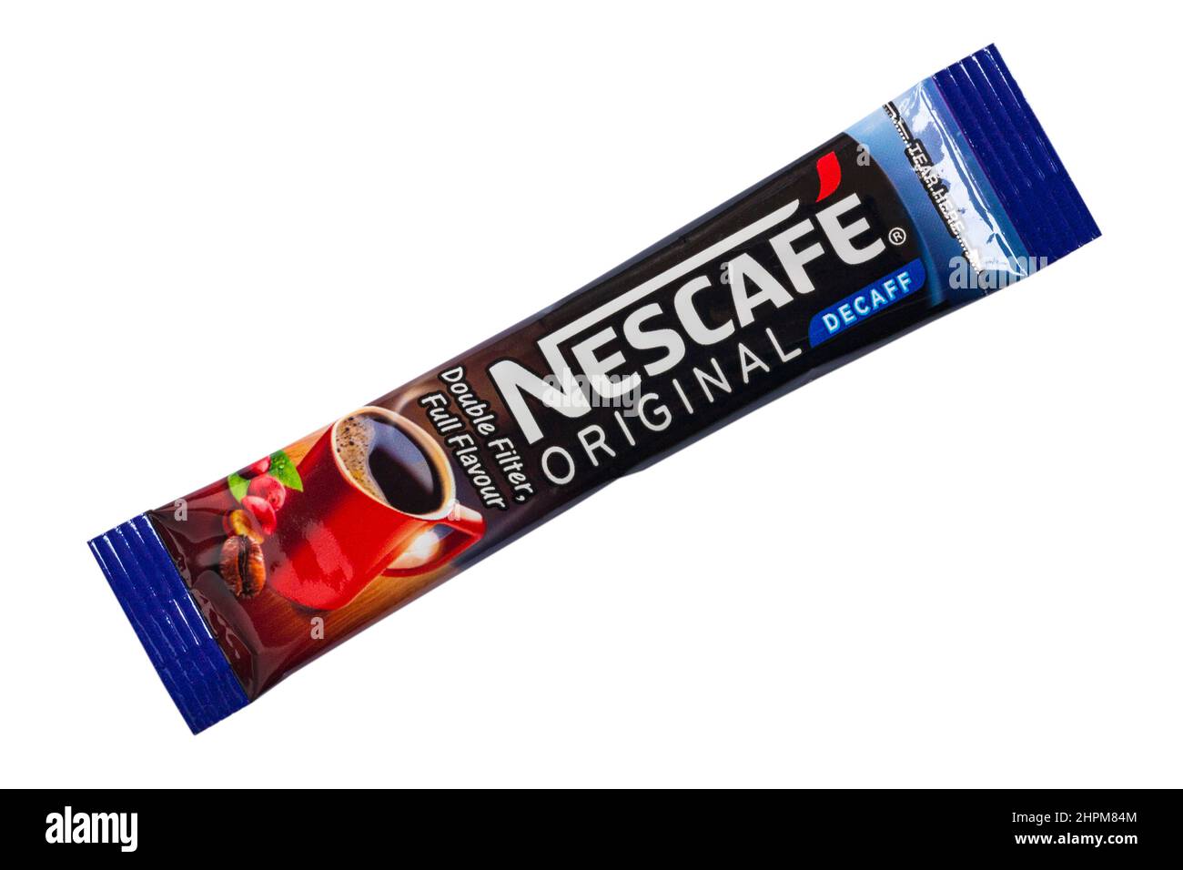 Sachet of Nescafe coffee original decaff isolated on white background ...