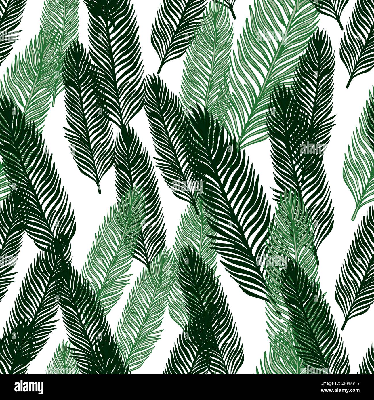 Palm leaves seamless pattern. Tropical branch in engraving style. Hand ...