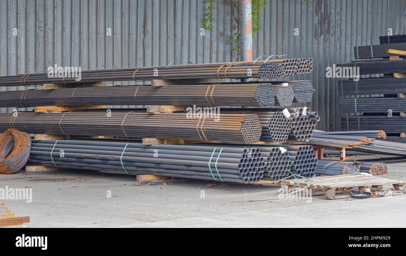 Long Steel Pipes at Shelf in Construction Material Warehouse Stock ...