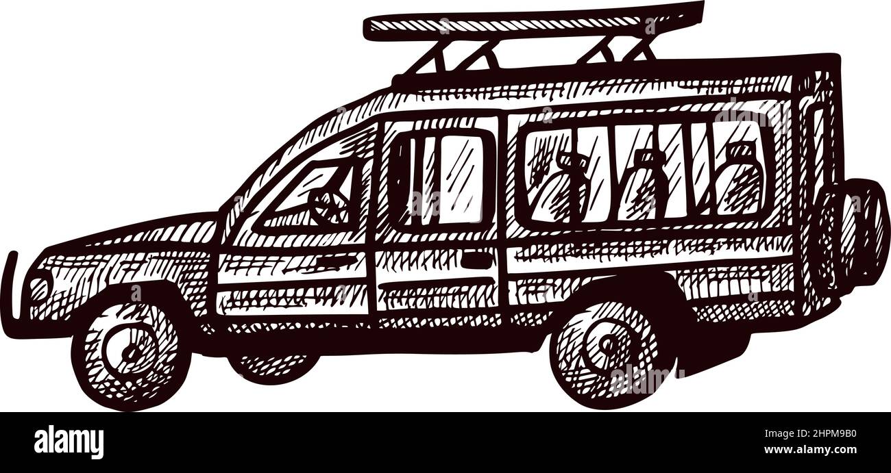 Safari jeep. sketch isolated. Vintage adventure off road car in hand ...