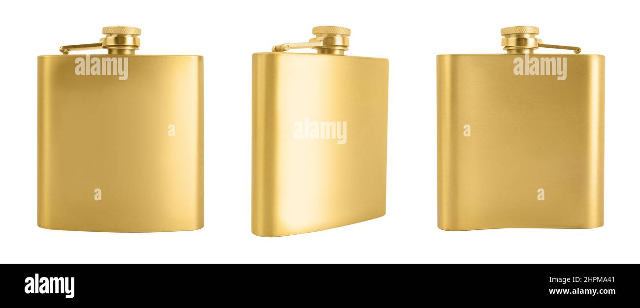 Isolated photo of golden colored metal flask bottle on white background ...