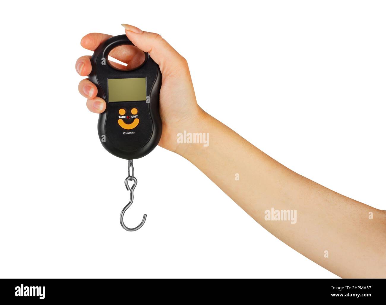 Isolated photo of female woman hand holding counter scales tool with ...