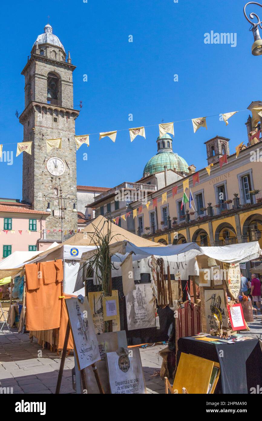 Pontremoli, Italy Piazza della Republic; famous bell tower and green ...
