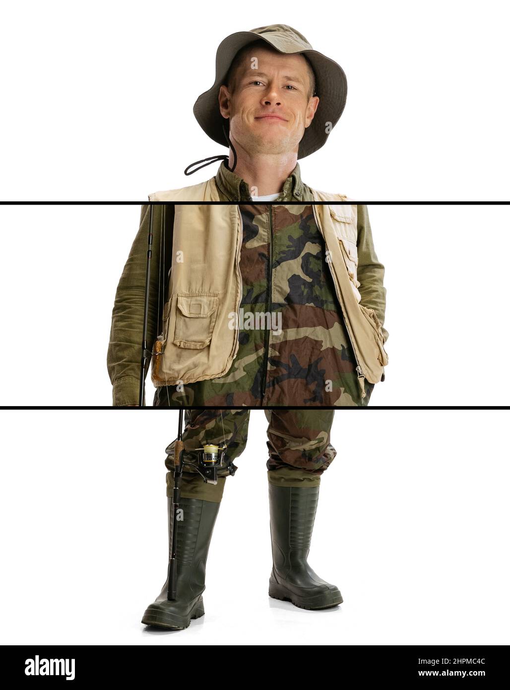 Composite image with portrait of young man, fisherman in uniform ...