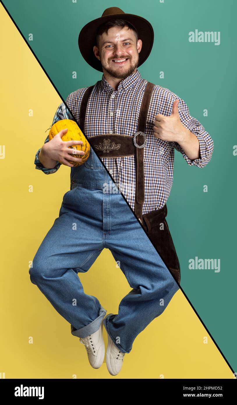 Composite image of two halves of body of farmer and happy german waiter ...