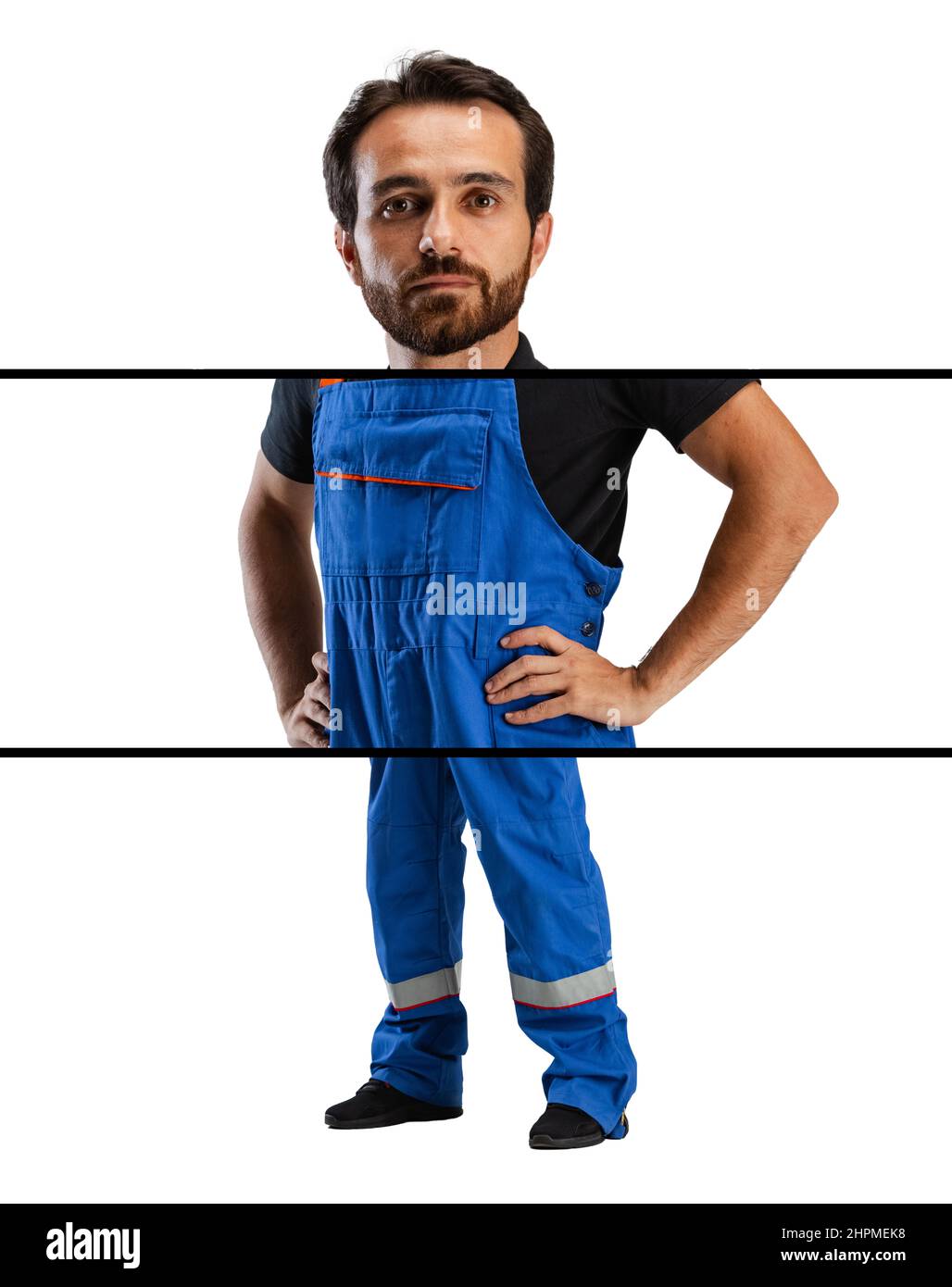 Collage with young serious man, auto mechanic or fitter in dungarees ...