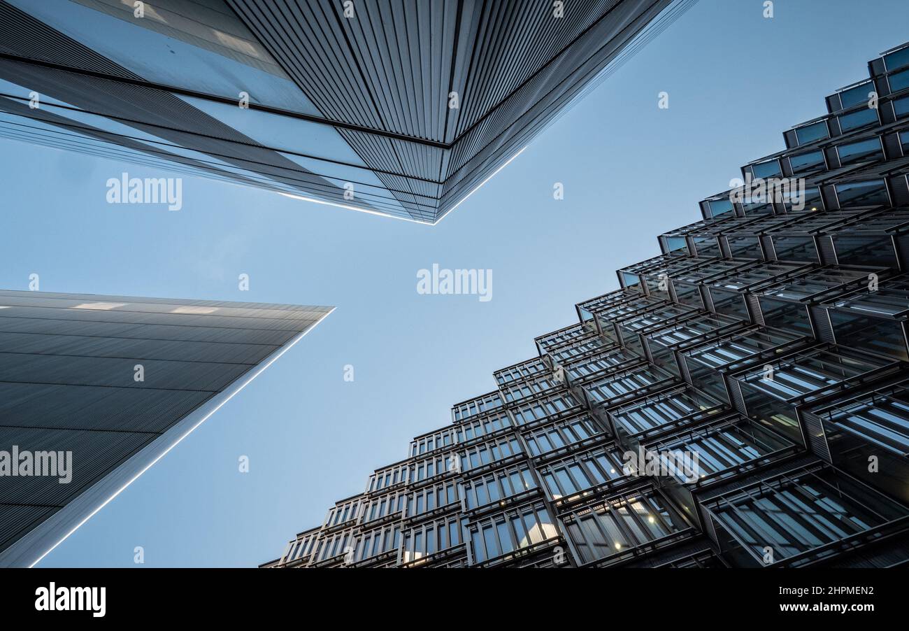 London Skyscrapers. A low, wide angle view of the modern business ...