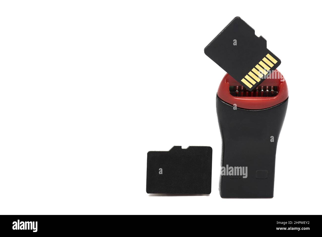 Close up of Micro SD card with usb port adapter next single storage ...