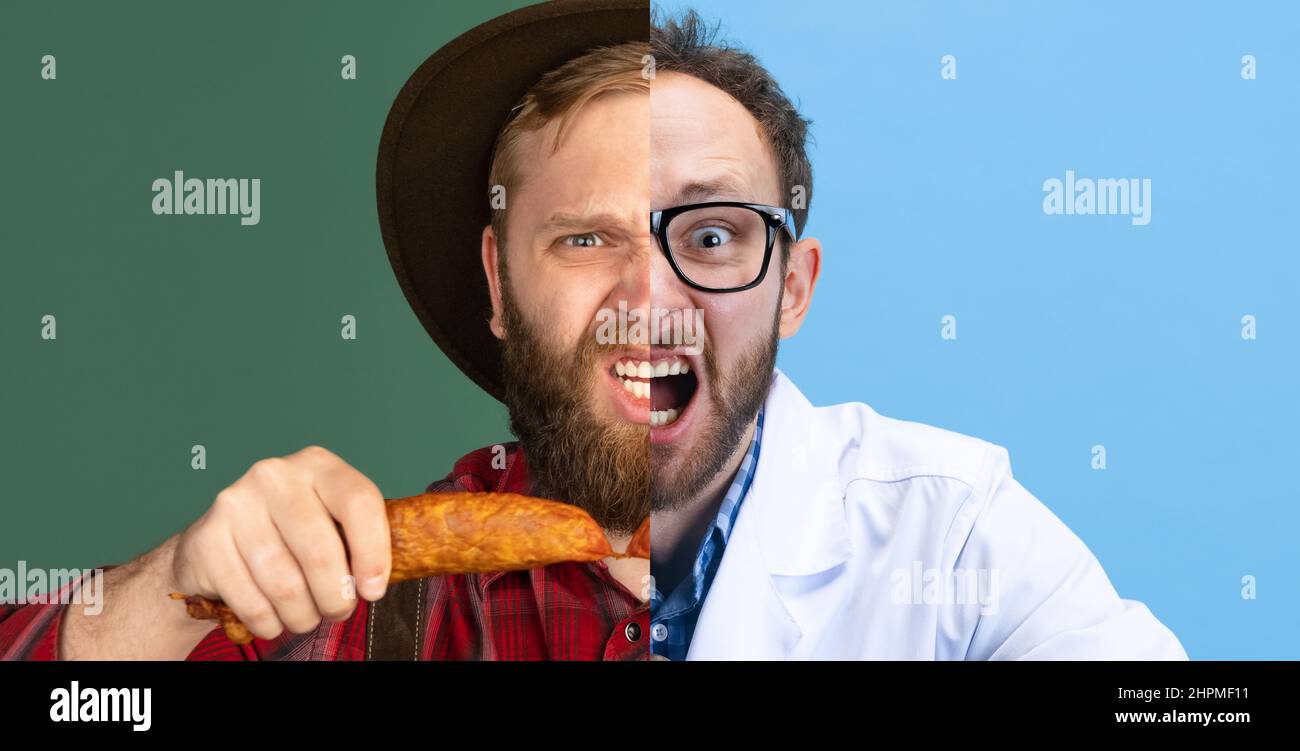 Art collage. Composite image of two halves of body of waiter and doctor ...