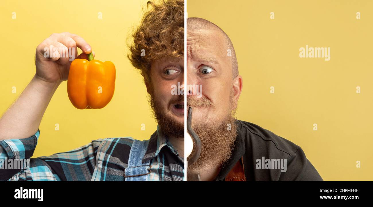 Photocomposite image of two halves of heads of farmer and smith ...