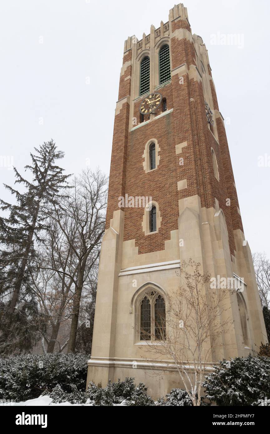 Iconic Beaumont Tower in fresh snow on the campus of Michigan State ...
