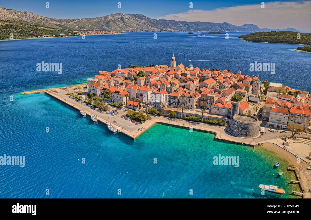 Aerial shot of the Old medieval town as Korcula center Stock Photo - Alamy