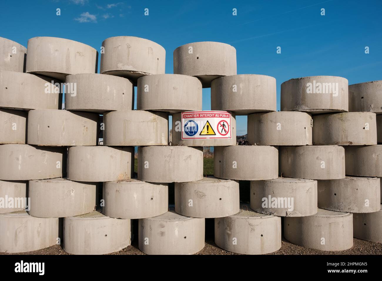 Stacked concrete blocks, construction site prohibited to the public ...