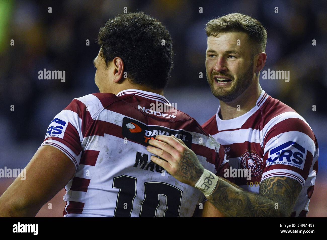 Wigan, England - 18 February 2022 - Zak Hardaker and Patrick Mago of ...