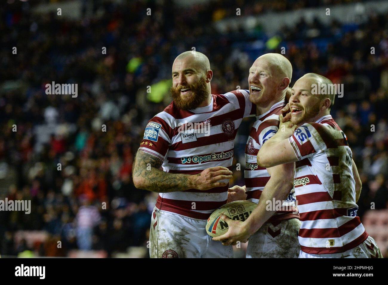 Wigan, England - 18 February 2022 - Liam Farrell celebrates try with ...