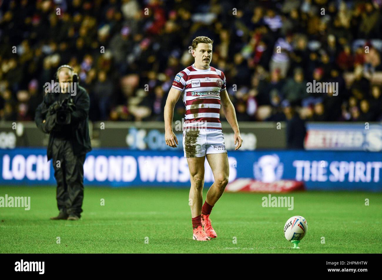 Wigan, England - 18 February 2022 - Jai Field of Wigan Warriorslines up ...