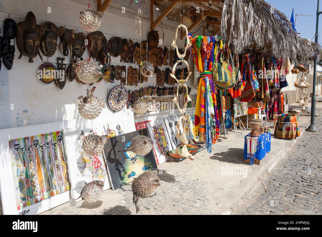 Puffer fish and shark's jaws on souvenir stall, Palmeira, Sal (IIha do ...