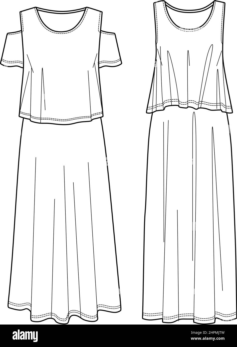 Vector maxi layered short sleeved dress technical drawing, long summer ...