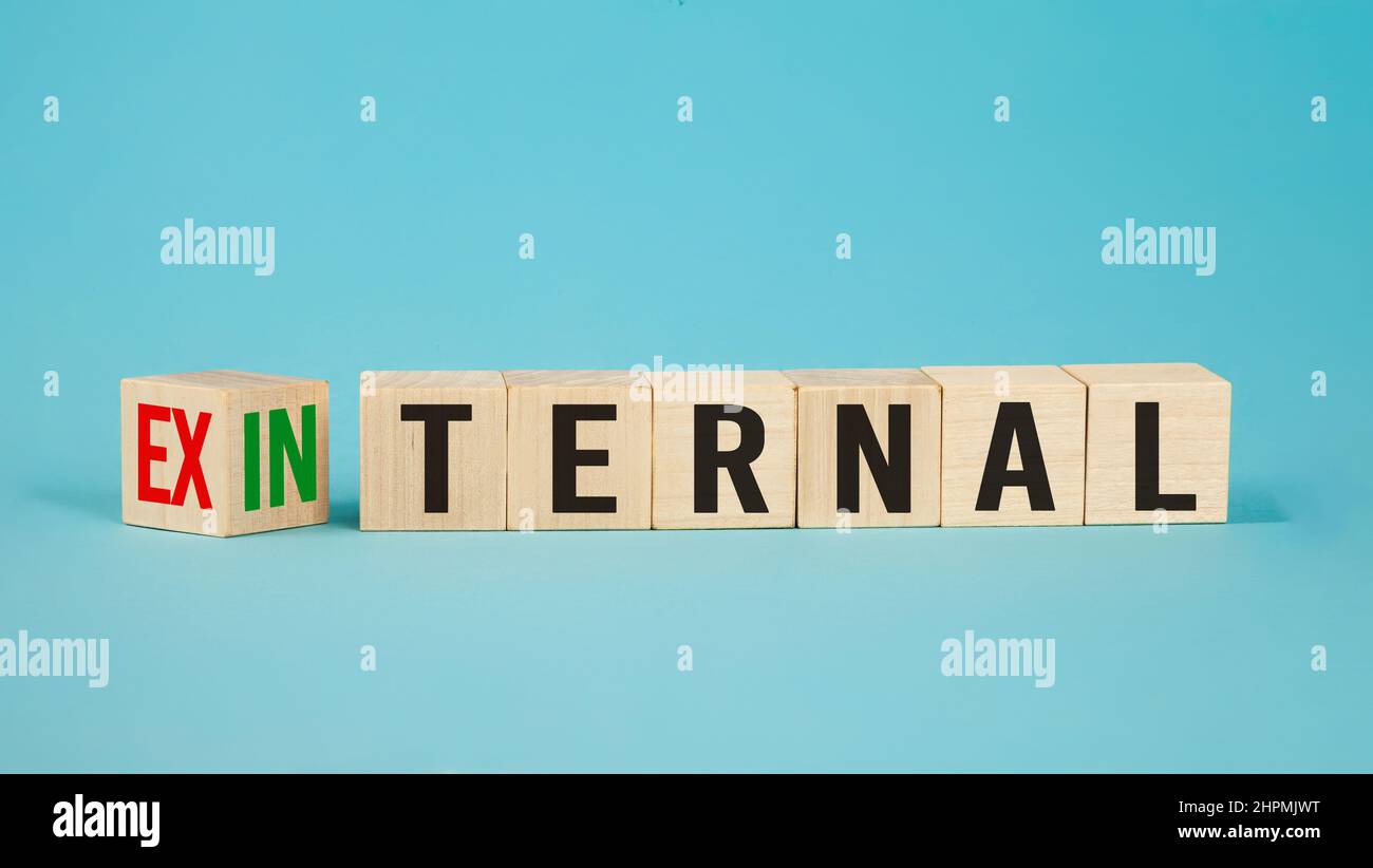 External and internal on wooden cubes, dice or blocks showing the words ...