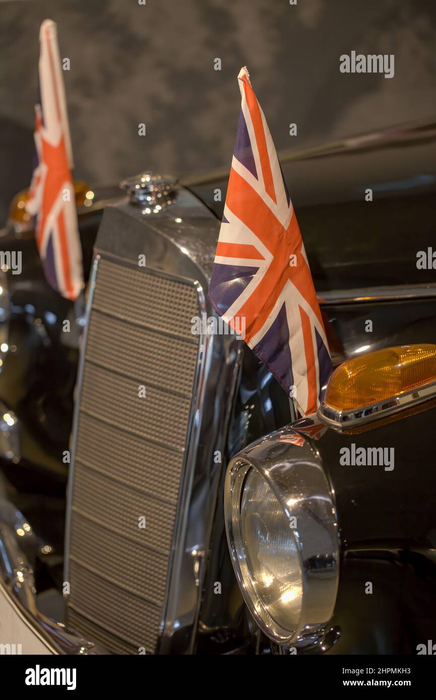 Luxury classic car detail with union jack standard Stock Photo - Alamy
