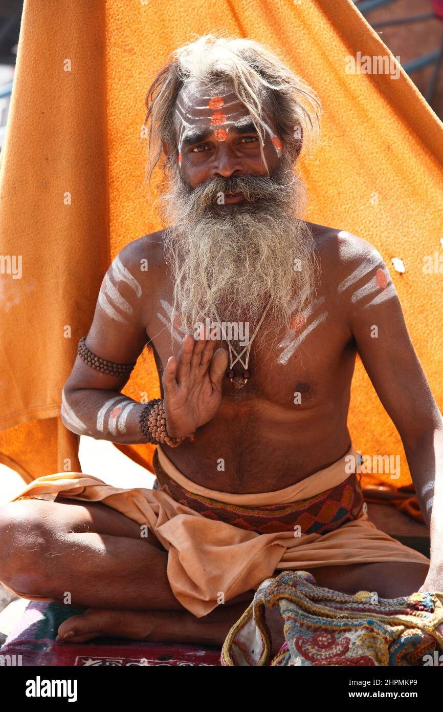 Portrait of a Sadhu or religious man on the banks of River Ganges at ...