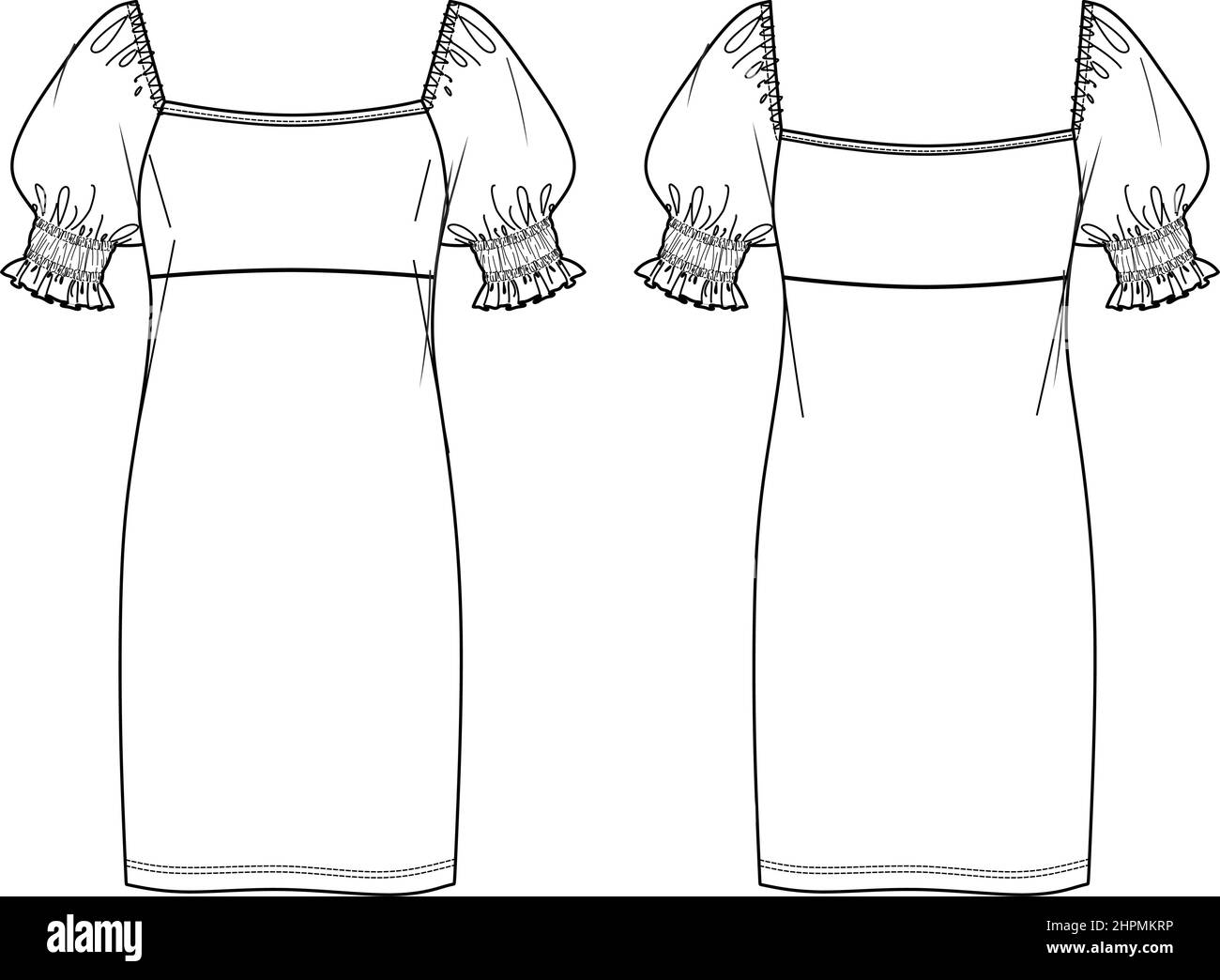 Vector slim fit dress technical drawing, short balloon sleeved square ...