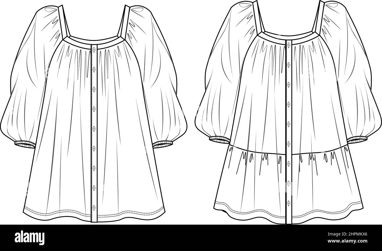 Vector long sleeve mini dress technical drawing, woman tired dress with ...