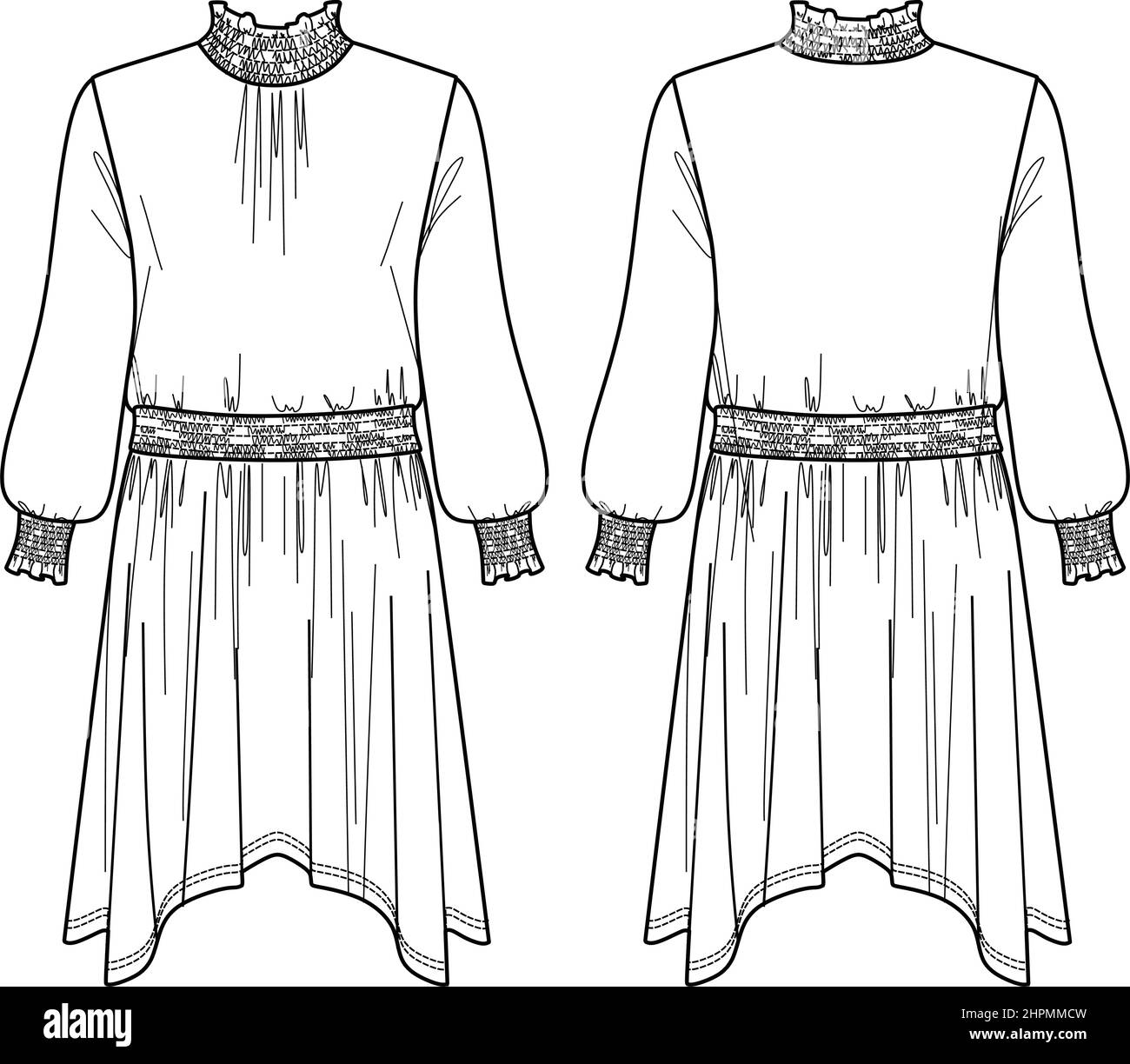 Vector long sleeved dress fashion CAD, template, flat. Balloon sleeved ...